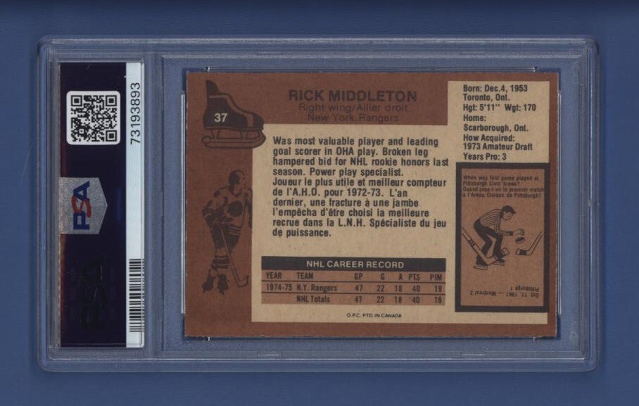 1975-76 OPC O-Pee-Chee #37 RICK MIDDLETON PSA 7 NM New York Rangers ...