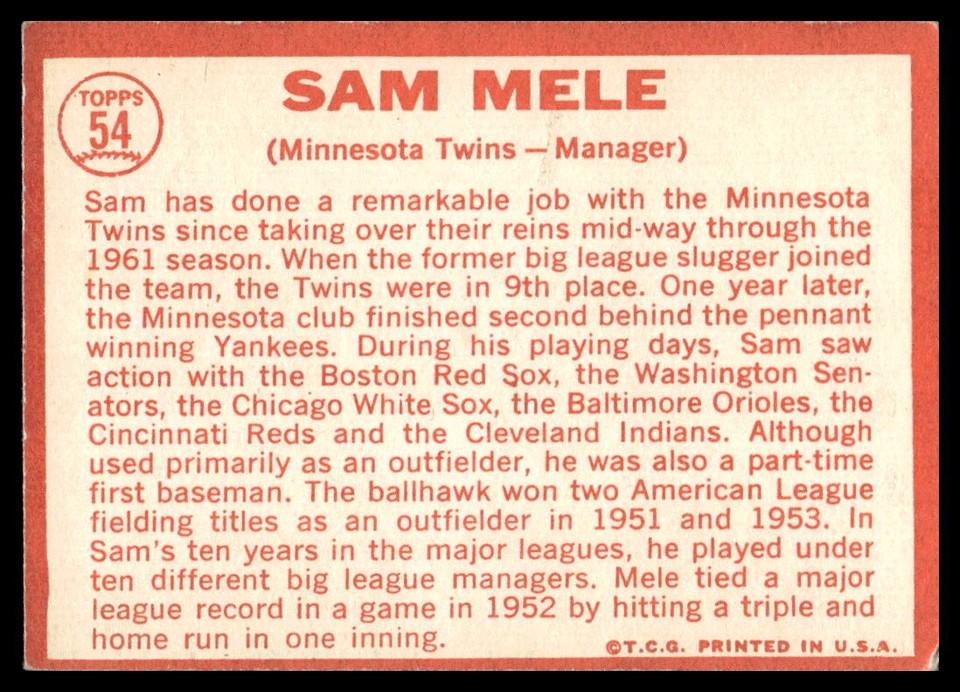 1964 Topps #54 Sam Mele Minnesota Manager Twins VG-VGEX Crease | eBay