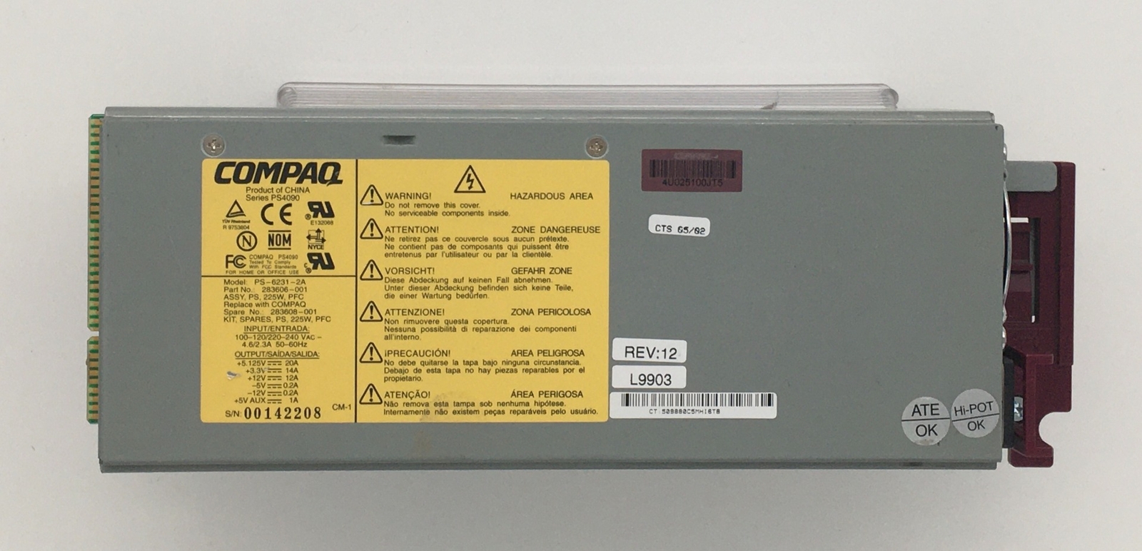 PWR SUPPLY, 225W, PS4090 PS-6231-2A P/N:283606-001, REV.12 | eBay