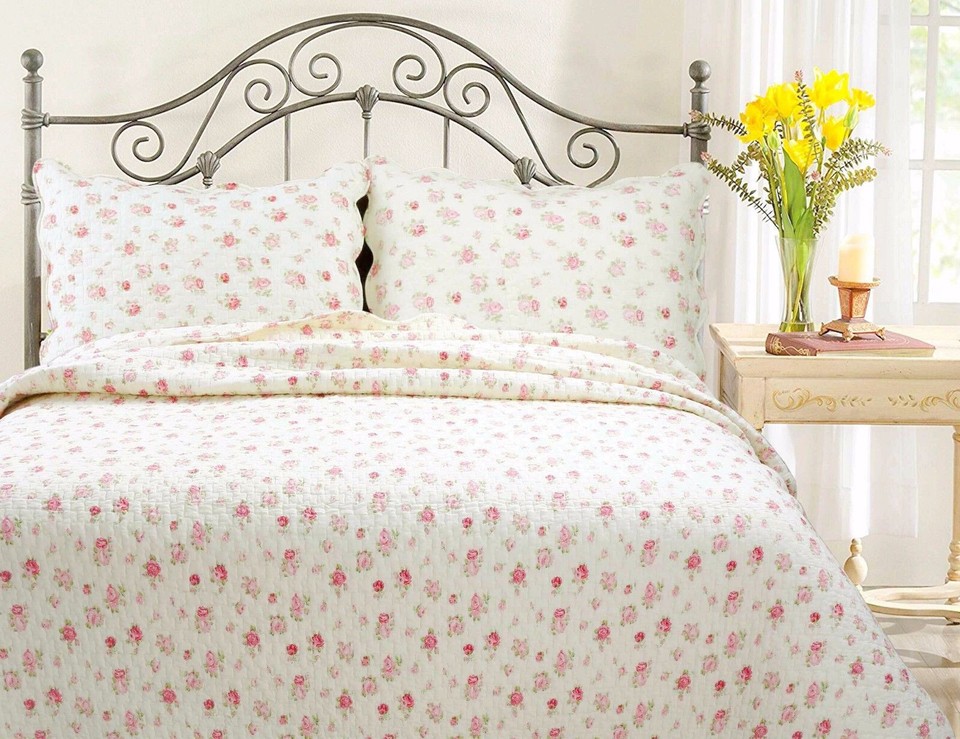 SWEET PINK ROSES 3p Queen QUILT SET : COTTON COTTAGE ROMANTIC COZY ...