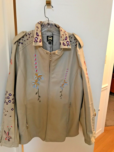 AMERI MODE Faux Leather Jacket Ivory Color Studs & Embroidered Flowers 3XL NEW | eBay