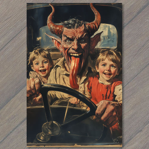 FLATCARD Devil Driving Family Fun Chaos Humor Children Artwork Retro ...