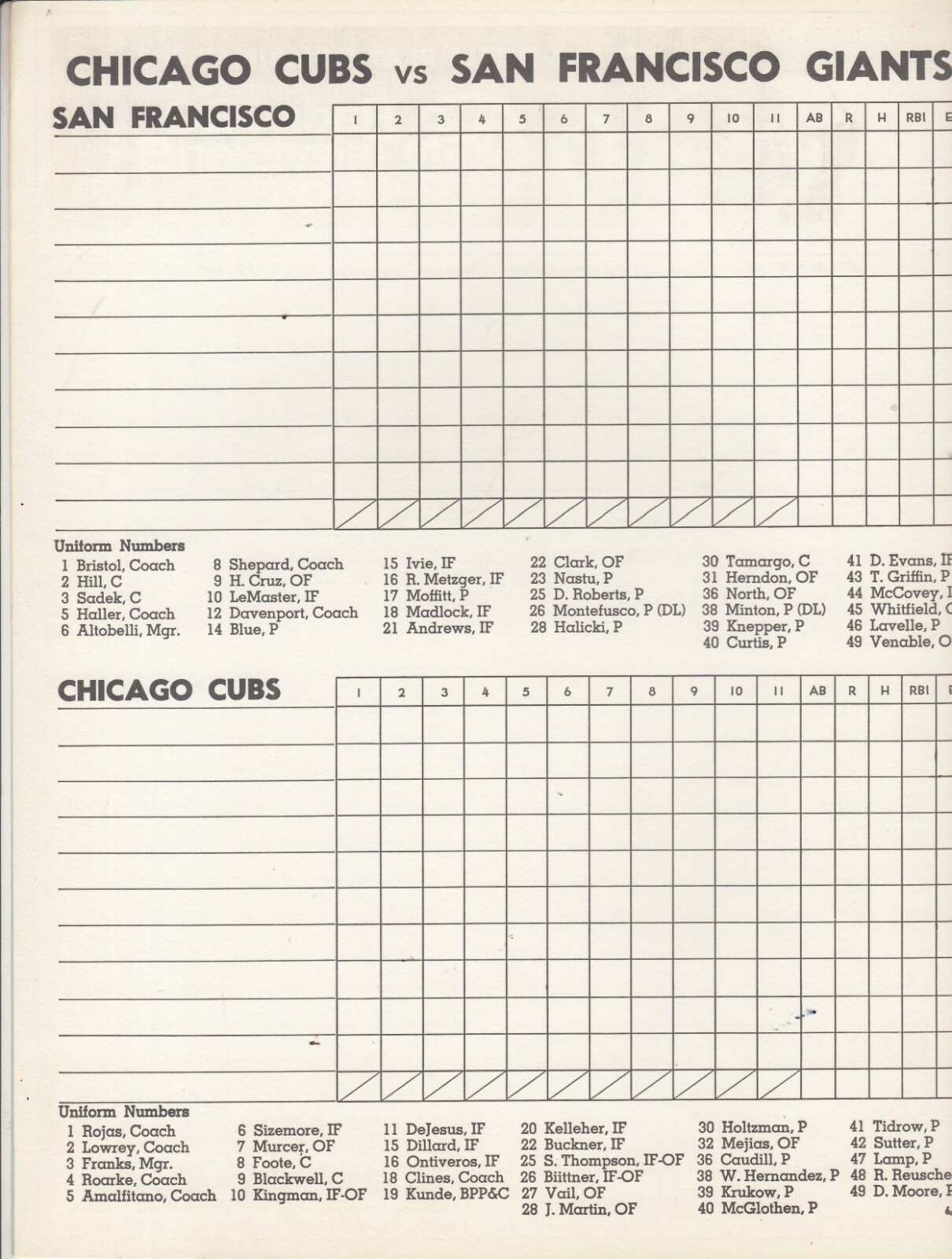 Chicago Cubs Official Program 1979 Scorecard not Scored San Francisco ...