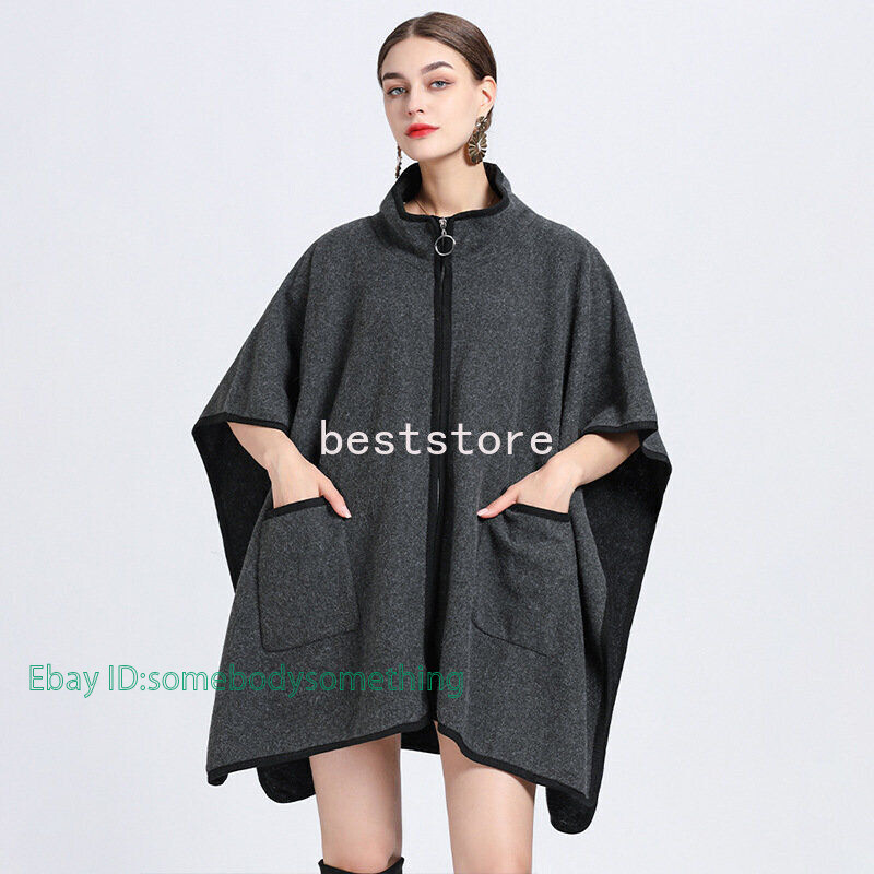 Zipper Women's Cape Oversized Cloak Faux Woolen Stand Collar Coat ...