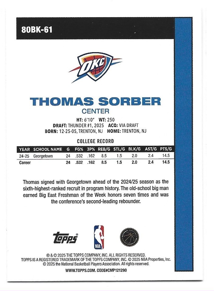 Thomas Sorber RC 2025-26 Topps #80BK-61 1980-81 Oklahoma City Thunder ...