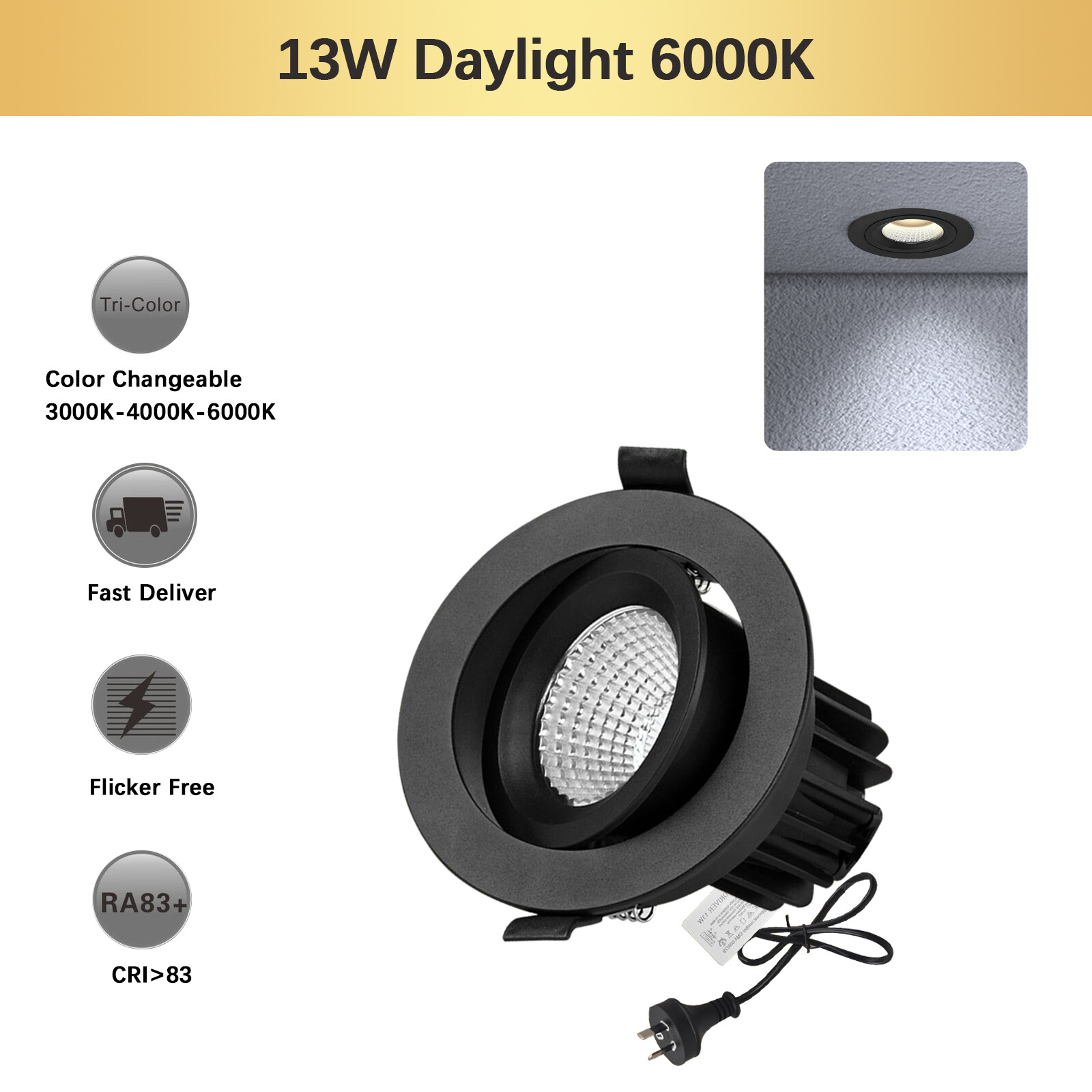 1Pack 90-100mm LED Downlight Kits 13W Daylight 3CCT Dimmable Cutout Any ...