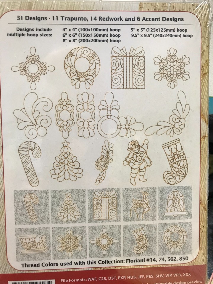 FLORIANI MACHINE EMBROIDERY DESIGN PACKS CHRISTMAS TRAPUNTO AND VARIETY ...