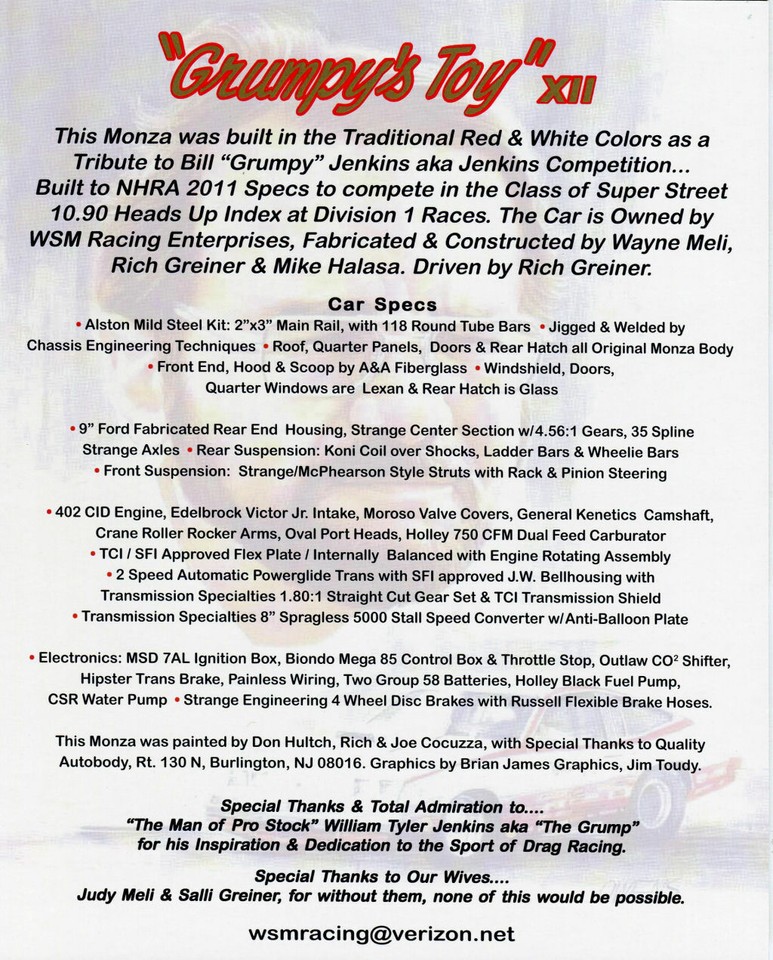 Bill "Grumpy" Jenkins Pro Stock 1976 Chevy Monza "Tribute" HANDOUT! | eBay