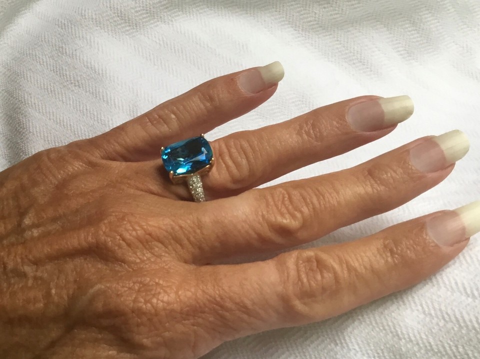 VINTAGE QVC~14K YELLOW GOLD~PREMIER OSTRO BLUE TOPAZ DIAMOND RING ...