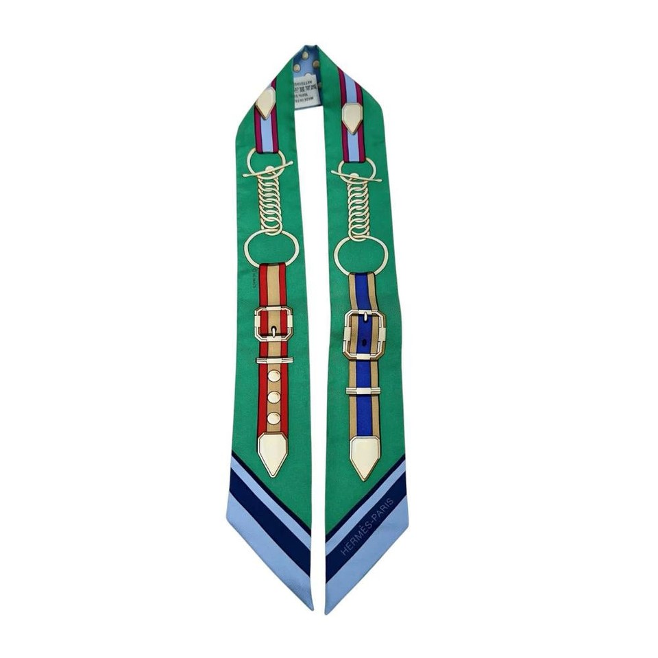HERMES Twilly Ribbon Hairband Scarf 100 Silk Blue Green Ladies Used ...