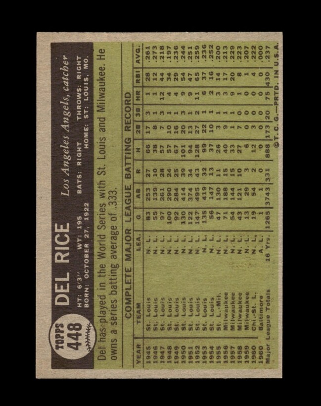 1961 Topps Set-Break #448 Del Rice NR-MINT *GMCARDS* | eBay