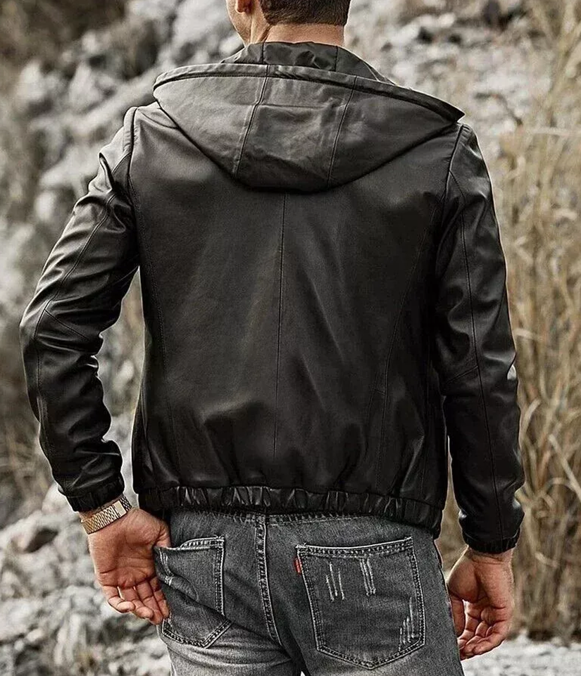 Mens Black Genuine Leather Hooded Jacket Real Lambskin Bomber Jacket ...