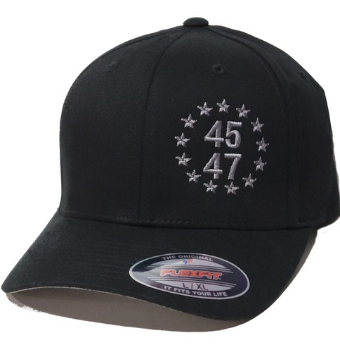 President Trump MAGA Gray 45-47 Embroidered FLEXFIT Black Cap Hat, 5001 ...