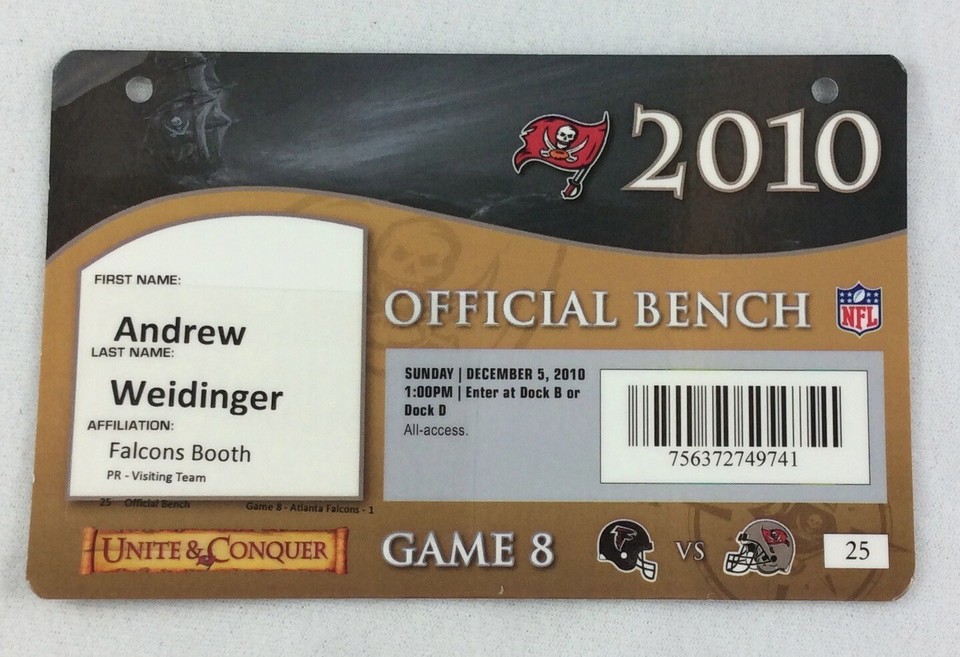 NFL 2010 12/05 Bench/Coach Credentials-Atlanta Falcons at Tampa Bay ...