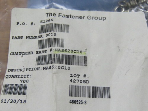 GENERIC NAS620C10 Qty of 650 per Lot 18-8 Stainless Steel Mil. Spec ...