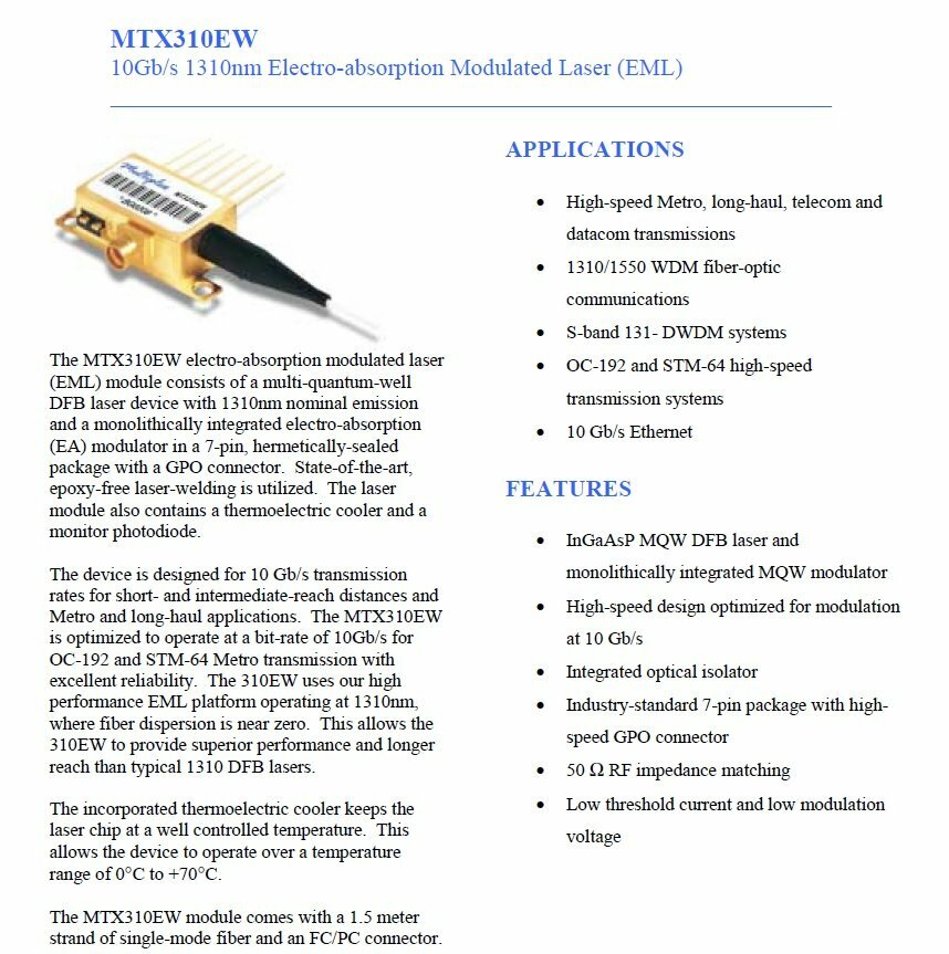 10Gbs 1310nm Electro-absorption Modulated Laser (EML) FC/PC Connector ...