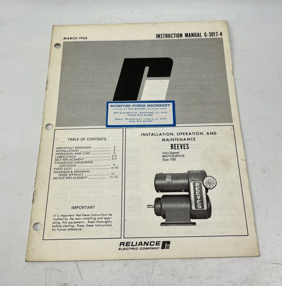 Reliance Reeves Vari-Speed Motodrive Instruction Manual G-3017-4 (1078 ...