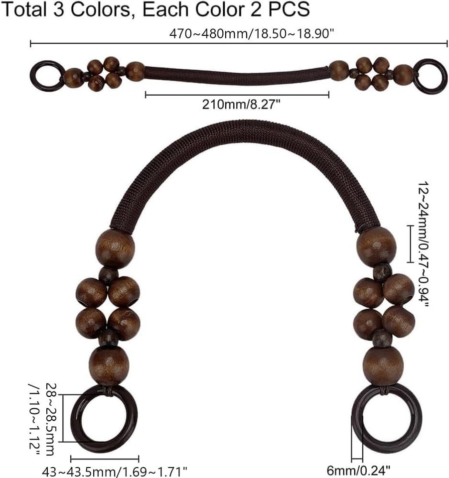 6pcs Wooden Beaded Bag Handles, 3 Colors Purse Handles Nylon Rope Purse ...