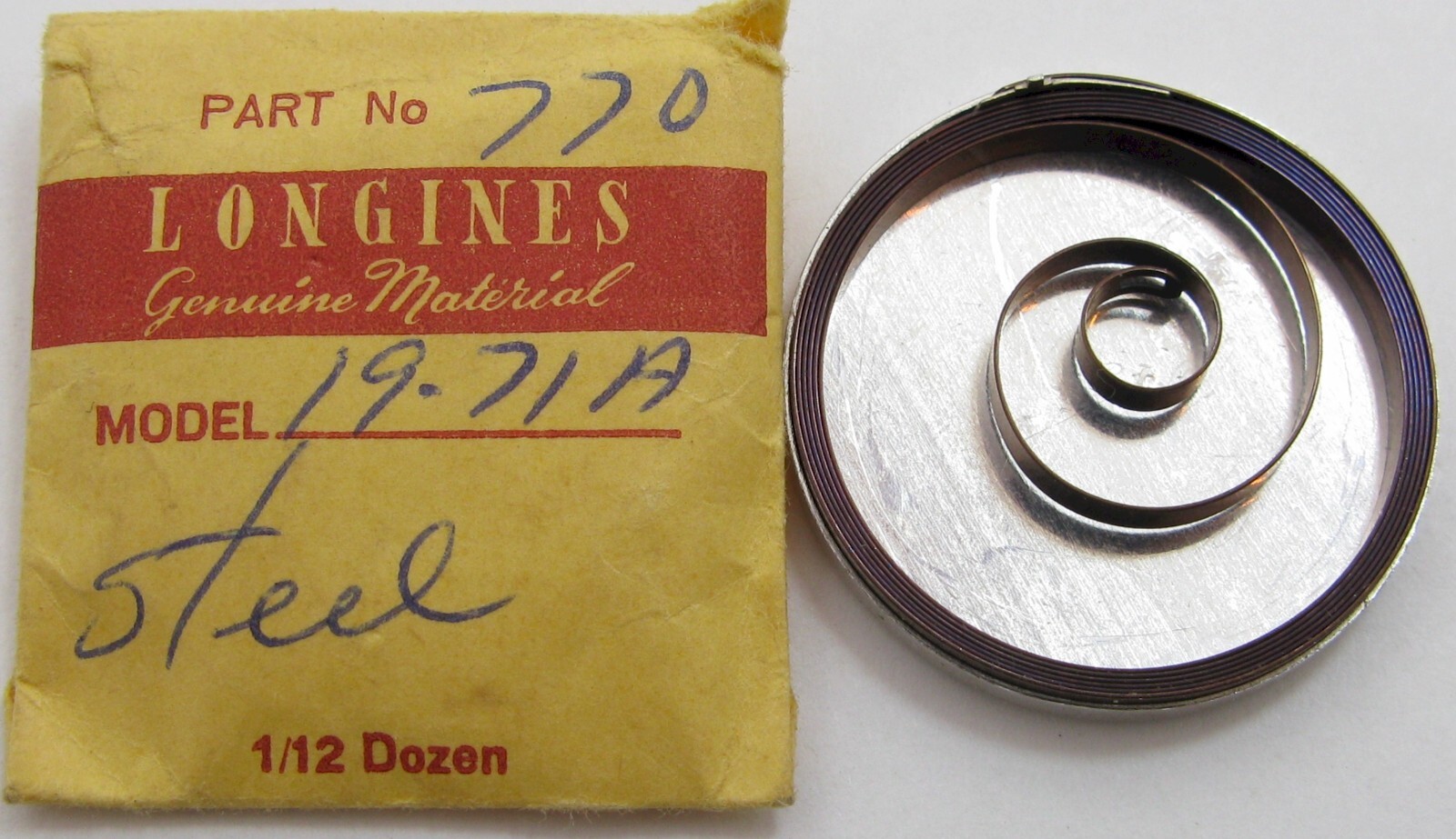 Longines 19.71 A pocket watch part T end mainspring #770 * blue alloy ...