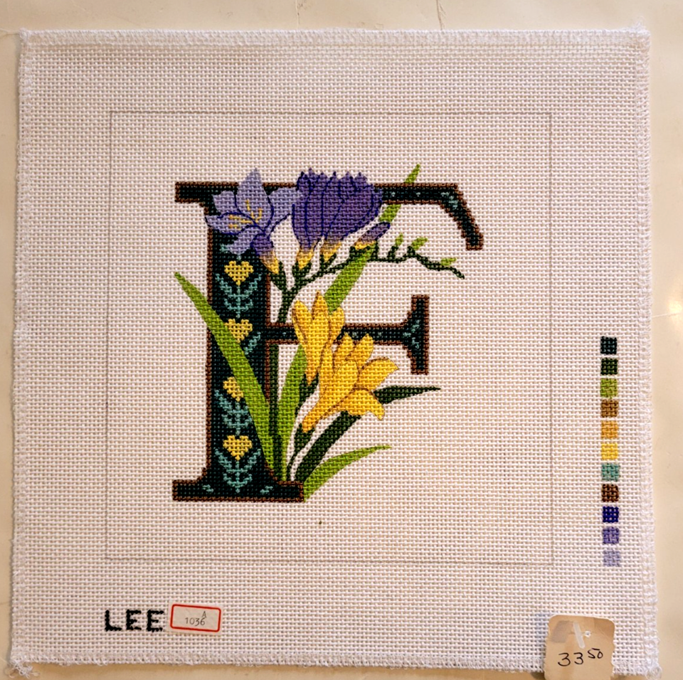 Large beautiful F with purple/yellow freesias AO1036, Lee,18ct white ...