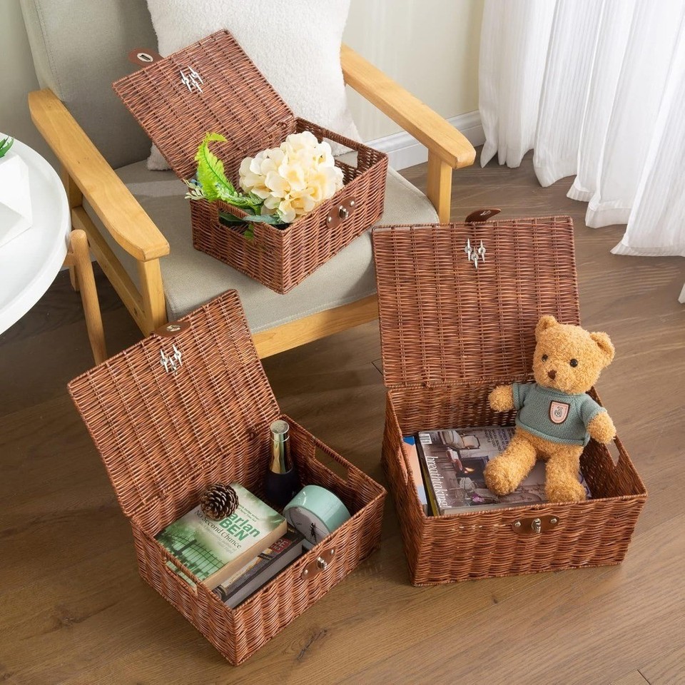 Woven Wicker Storage Basket Box Set with Lids and Locks Carry Handles ...