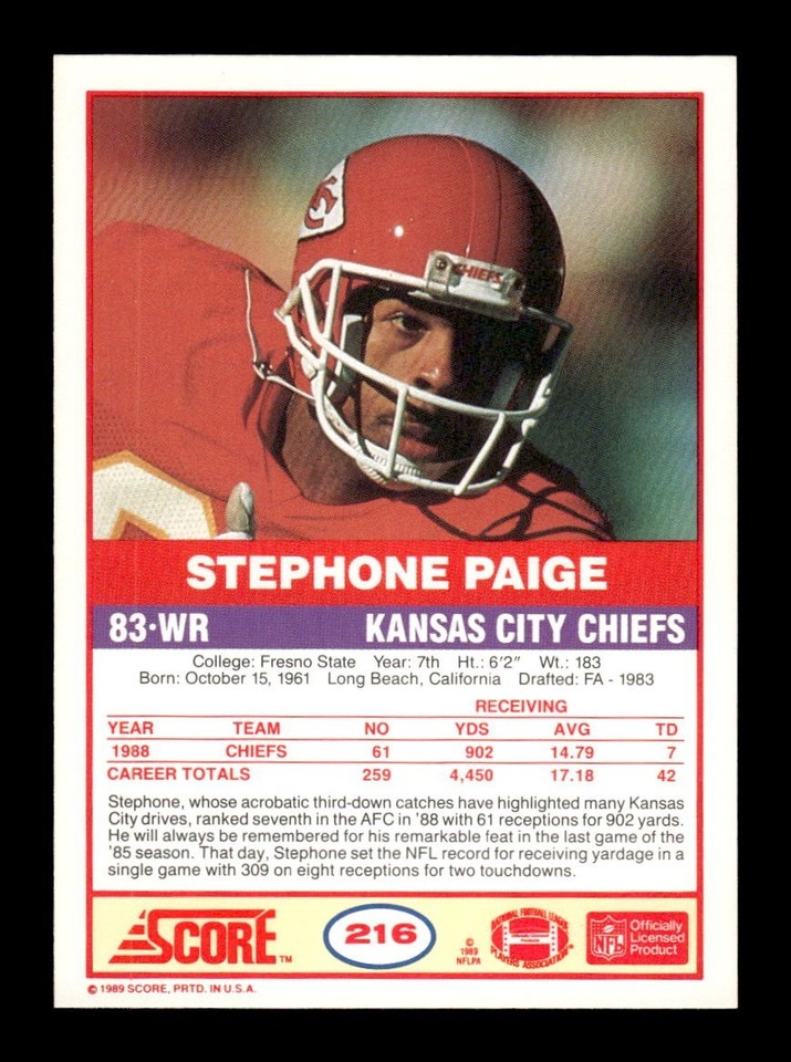 1989 Score Football #216 Stephone Paige - Kansas City Chiefs | eBay