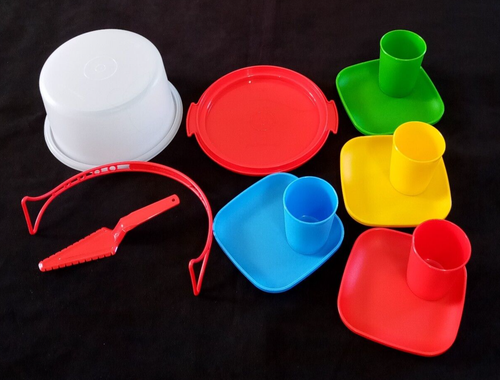 Tupperware Toys Red Cake Carrier Handle Sheer Lid Server Cups Plates ...