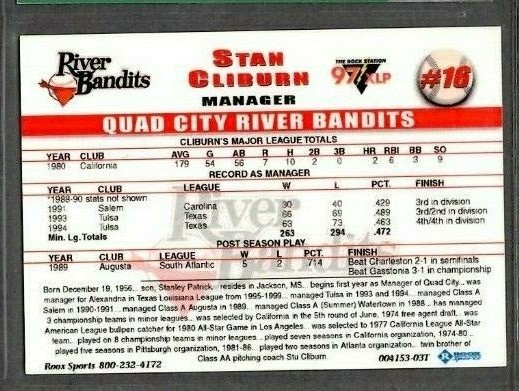 1997 #16 Stan Cliburn Quad City River Bandits Manager signed autograph ...