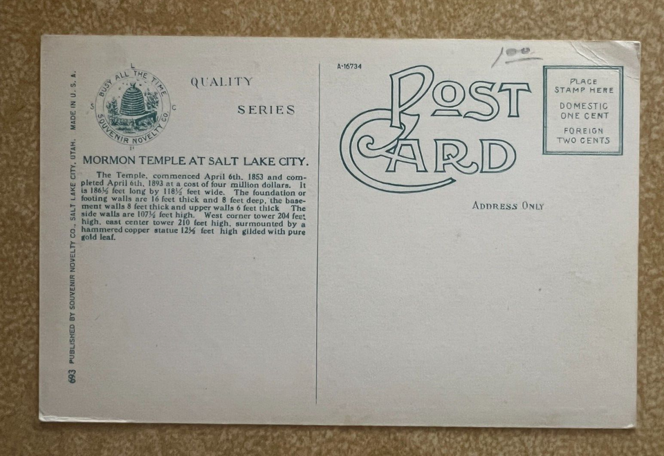 Post Card ~ 3569 ~ The Mormon Temple ~ Salt Lake City ~ Utah ~ UNMAILED ...