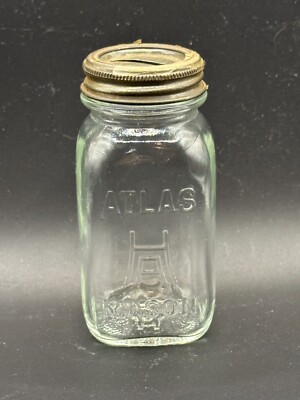 ATLAS HA MASON 3”+ MINI GLASS JAR COIN BANK - ORIGINAL ATLAS ARC LID ...