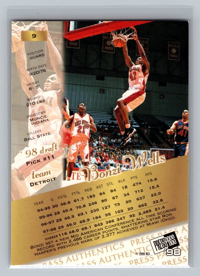 Bonzi Wells 1998 Press Pass Authentics #9 Ball State Cardinals C21 | eBay
