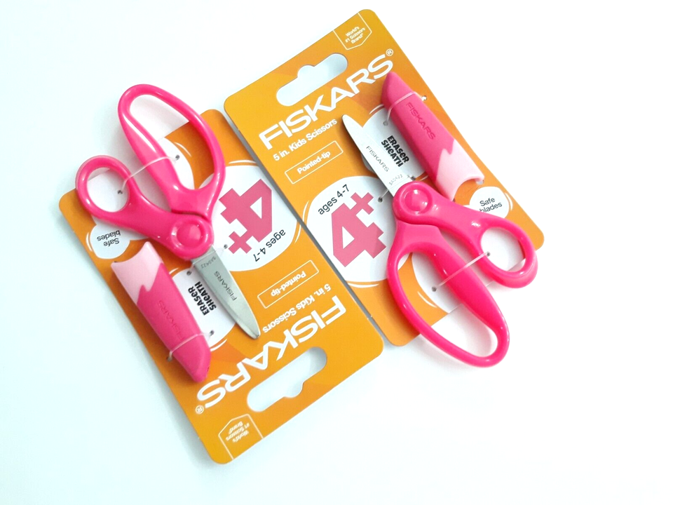 SET OF 2 EACH PINK SCISSORS FISKARS KIDS AGES 4-7 ERASER SHEATH POINTED ...