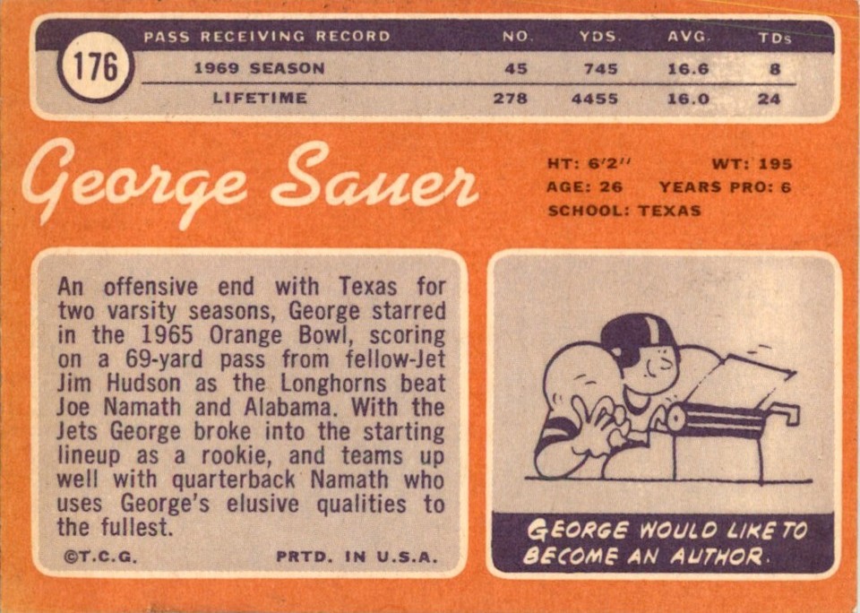1970 Topps George Sauer Jr. New York Jets #176 | eBay