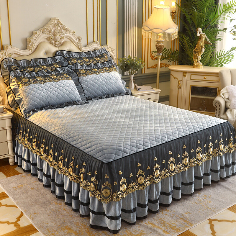 Solid Lace Velvet Bed Sheet Set Queen King Size Bedspreads Vintage ...