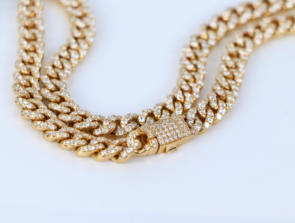 KC 10K Yellow Gold Round Pave Diamond Iced Out Cuban Link Chain ...