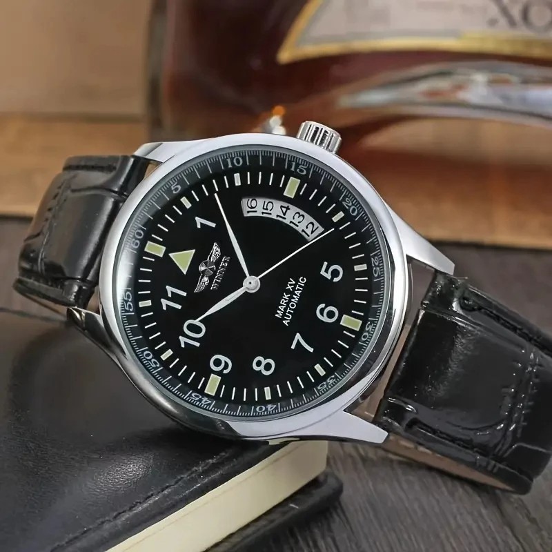 WINNER Automatic Mechanical Mens Watches Selfwind Date Leather Band ...