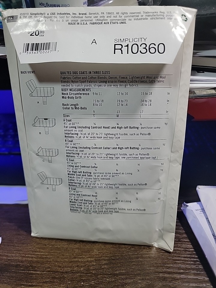 Simplicity QUILTED DOG COATS 3 Sizes #R10360 Size U.S. S - L | eBay