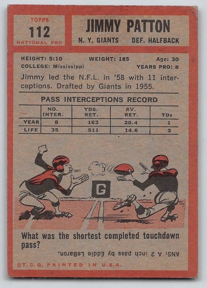 1962 JIMMY PATTON - Topps Football Card - # 112 - NEW YORK GIANTS | eBay
