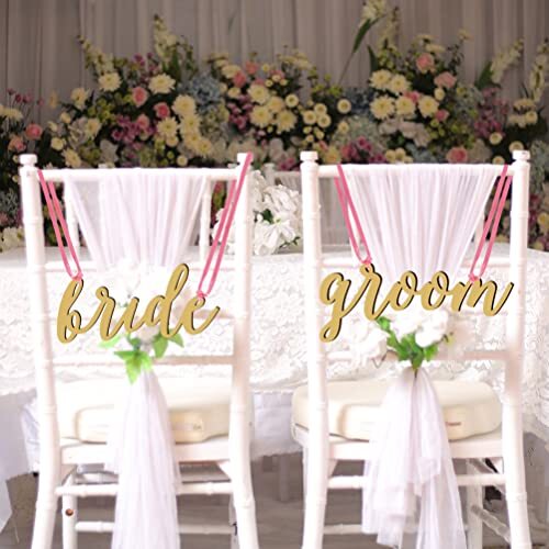 Bride And Groom Chair Signs Wooden Chair Banner With Ribbon Wedding ...