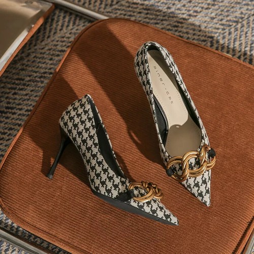 Éscarpins Chaussures Femme Talon Élégant 8 CM Beige Noir Cuir ...