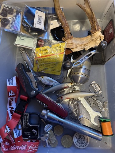 Junk Drawer Mixed Lot Of Knives Mag Lite Lures, Horns, Coins | eBay
