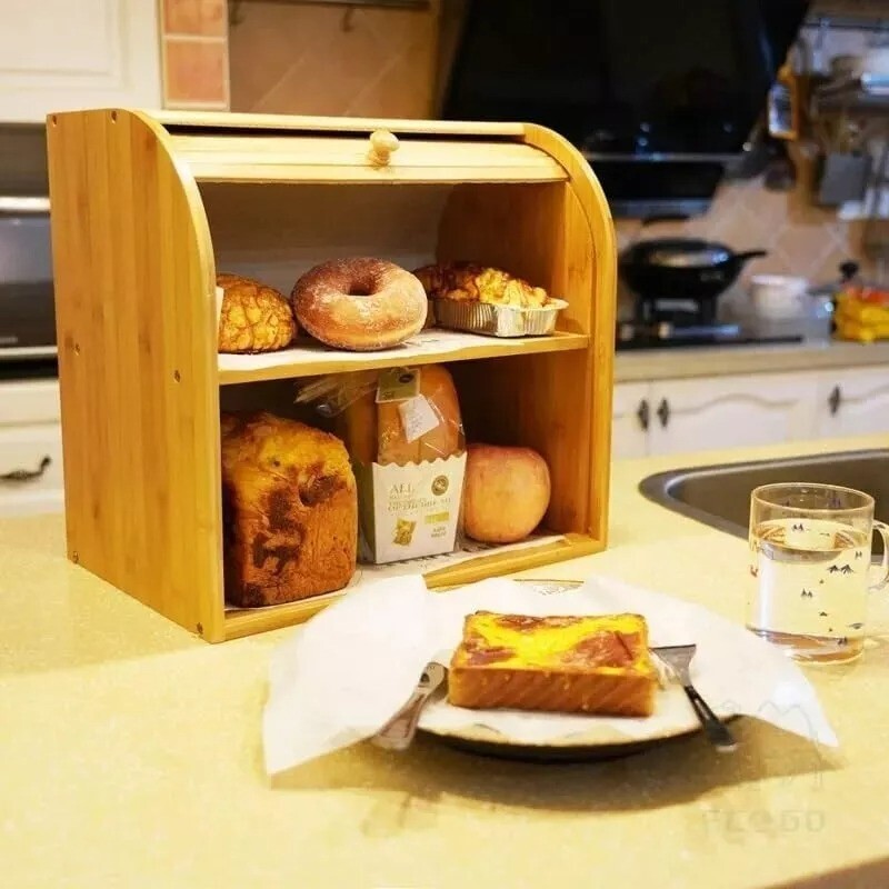 Bread Bin 2 Tiers Double Layer Box Slide Roll Top Food Storage Rack ...