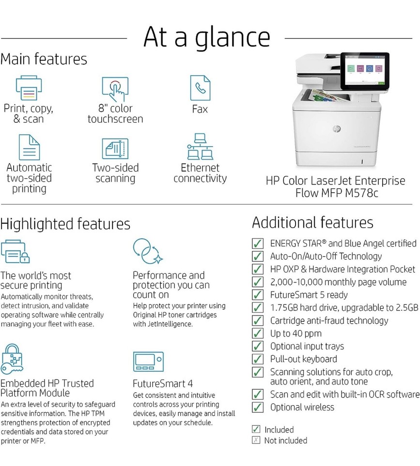 HP Color LaserJet Enterprise MFP M578c Laser Printer (7ZU87A) with full ...