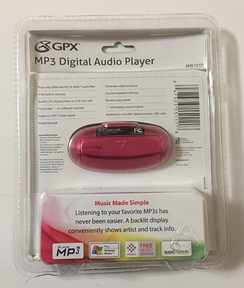 GPX MW151P 4 GB Flash MP3 Player Pink - BRAND NEW & FACTORY SEALED ...
