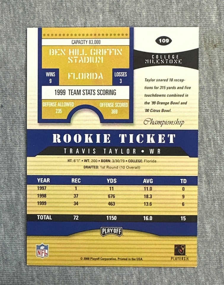2000 Playoff Contenders Championship Ticket #109 Travis Taylor RC ...