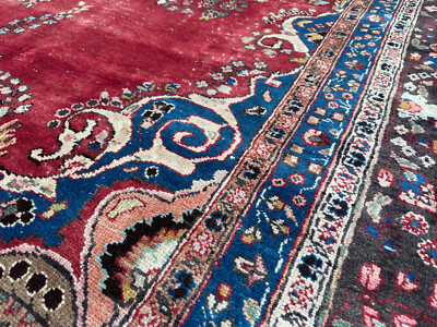 9x12 COLORFUL VINTAGE RUG ANTIQUE WORN HAND-KNOTTED red blue pink old ...