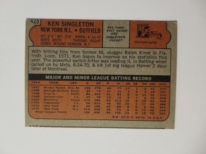 KEN SINGLETON 1972 TOPPS BASEBALL CARD #425 NEW YORK METS | eBay