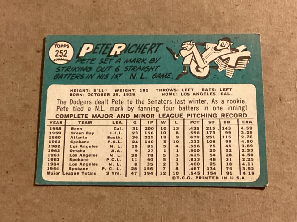 1965 Topps Baseball Cards - #252 Pete Richert - Senators - EX+ - Lite ...