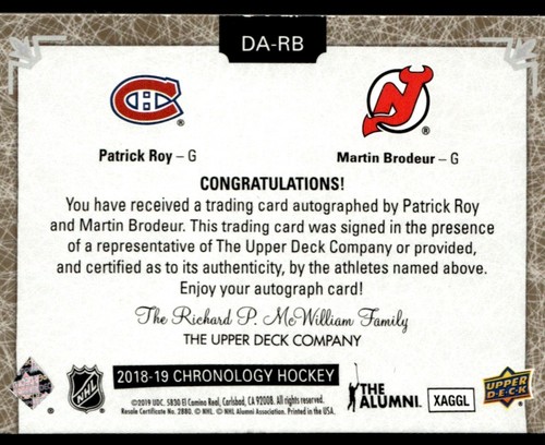 2018-19 Upper Deck Chronology Dual Autos Patrick Roy/Martin Brodeur ...