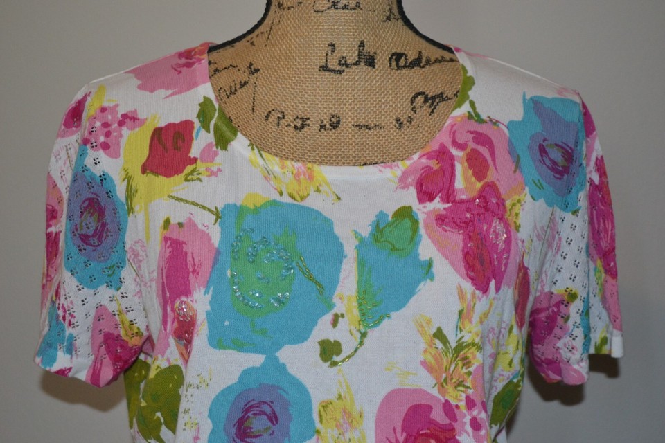 Peter Nygard Collection w Beaded Design in Turquoise, Pink Florals - S ...